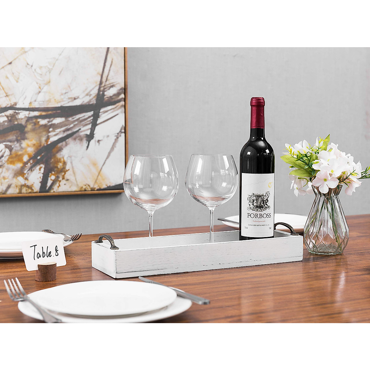 MyGift 16-inch Vintage White Wood Serving Tray with Decorative Antique Metal Handles | Farmhouse Decor Rectangular Butler Tray | Coffee Table/Dining Table Centerpiece Candle Holder Tray