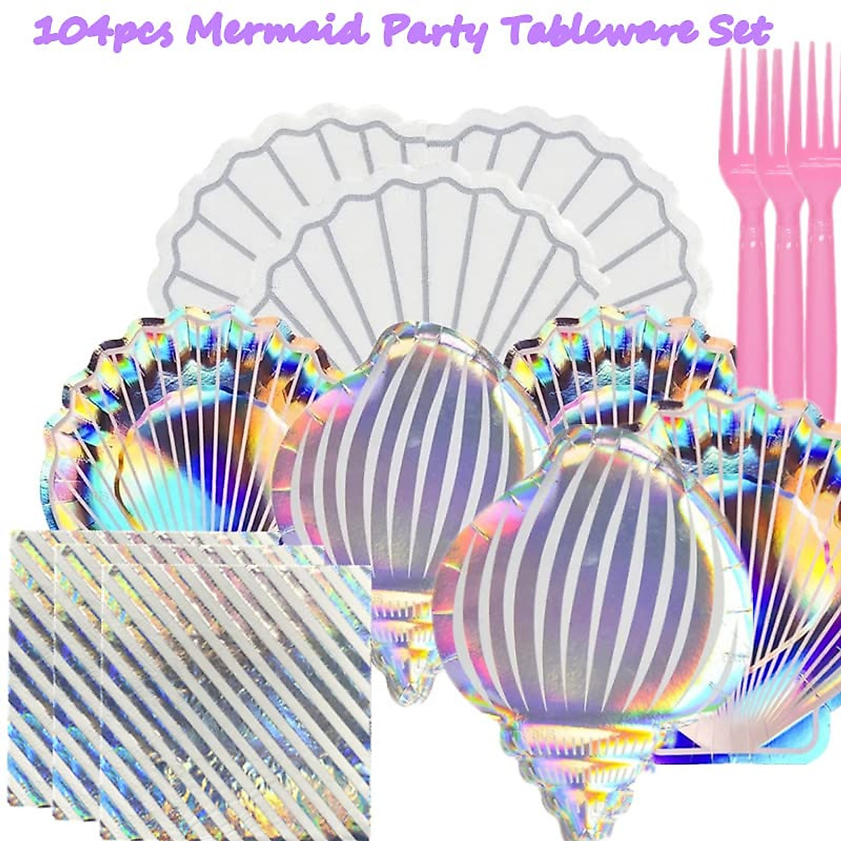 104 Pieces Mermaid Party Tableware Supplies Kit,32 Mermaid Clam Shell Plates,40 Holographic Napkins,32 Pink Forks,Disposable Mermaid Paper Plates Napkins Forks for Birthday Wedding Party (104)