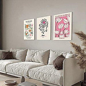Matisse Wall Art Set of 3, Abstract Matisse Wall Art Exhibition Posters, Pink Beige Flower Market Posters, Minimalist Framed Flower Market Wall Art, Canvas Matisse Prints Painting for Aesthetic Room, Bedroom, Living Room Wall Decor（12x16inch)