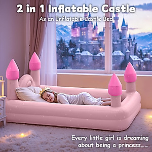 ROMPICO Inflatable Toddler Travel Bed with Safety Bumper,Portable Castle Toddler Bed with 4 Sides for Kids, Ideal for Vacation,Camping and Sleepover,Electric Pump Included (Pink)