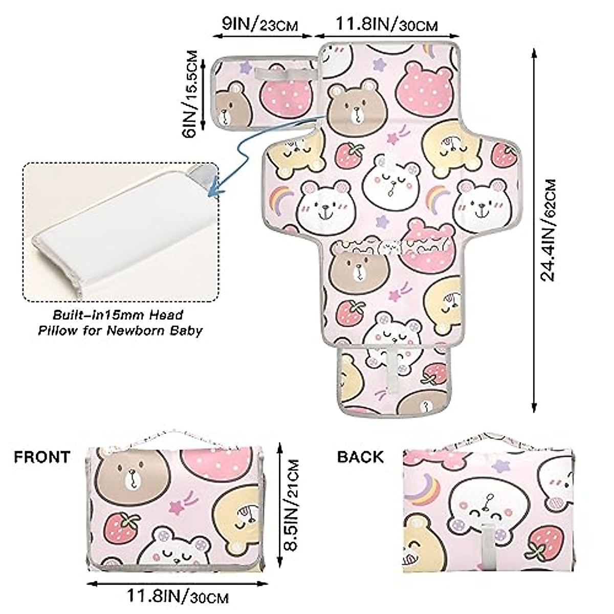 Bulletgxll Cute Bear Face Portable Diaper Changing Pad Waterproof Changing Pad with Baby Tissue Pocket and Magic Stick for Newborn Baby.