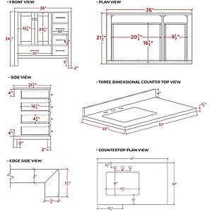 ARIEL 37" White Bathroom Vanity with 1.5" Edge Pure White Quartz Countertop & Backsplash, Left Rectangular Sink, 2 Soft Closing Doors, 5 Full Extension Dovetail Drawers, Toe Kick, Matte Black
