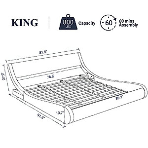 Allewie Upholstered King Size Platform Bed Frame Modern Low Profile Sleigh Bed with Faux Leather Headboard, Easy Assembly, No Box Spring Needed, Black and White