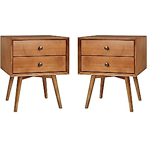 Walker Edison Ella Mid-Century Modern 2-Piece 2-Drawer Solid Wood Nightstand Set, 2 Pack, Caramel