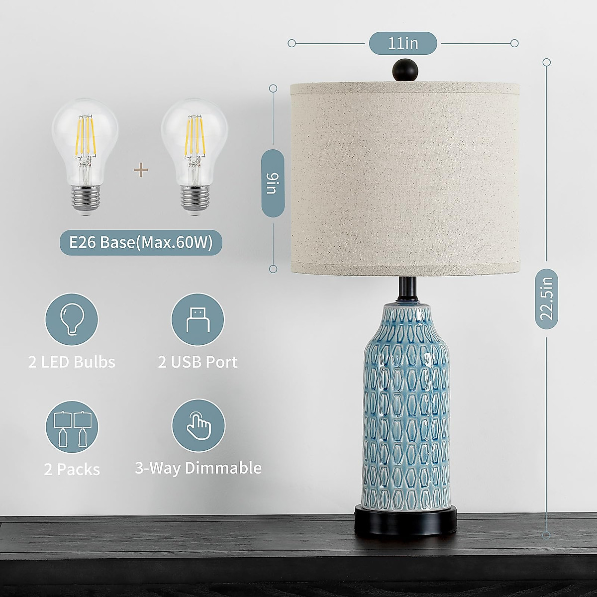 Cinkeda Ceramic Table Lamps for Bedroom Set of 2,Touch Lamp with USB Ports for Nightstand, 3-Way Dimmable Blue Coastal Bedside Lamps for Bedroom Living Room End Table Side Table(Bulbs Included)