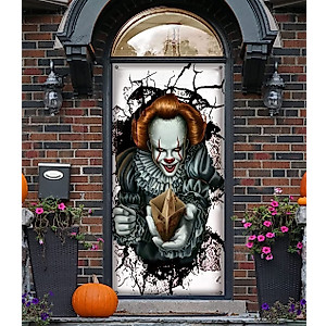 Scary Halloween Door Decorations Joker Clown Halloween Banner Classic Horror Movie Killer Character Backdrop for Halloween Horror Birthday Party Decorations Front Door Banner Photo Booth Props