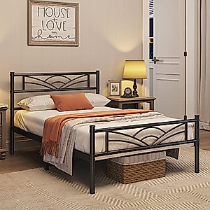 Yaheetech Twin Size Bed Frame Metal Platform Bed Mattress Foundation with Cloud-Inspired Design Headboard/Footboard/Ample Under Bed Storage/No Box Spring Needed/Twin Size Black