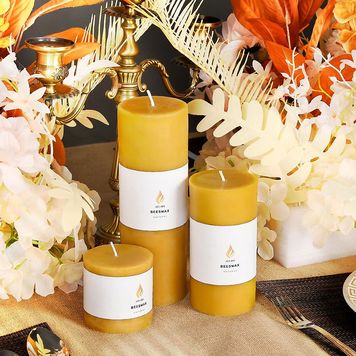 AGLARY 3"x 6" Large Beeswax Pillar Candle, Made of Pure Natural Beeswax, with Ultra Long Burning Time and Low Allergenicity-Raw，82H