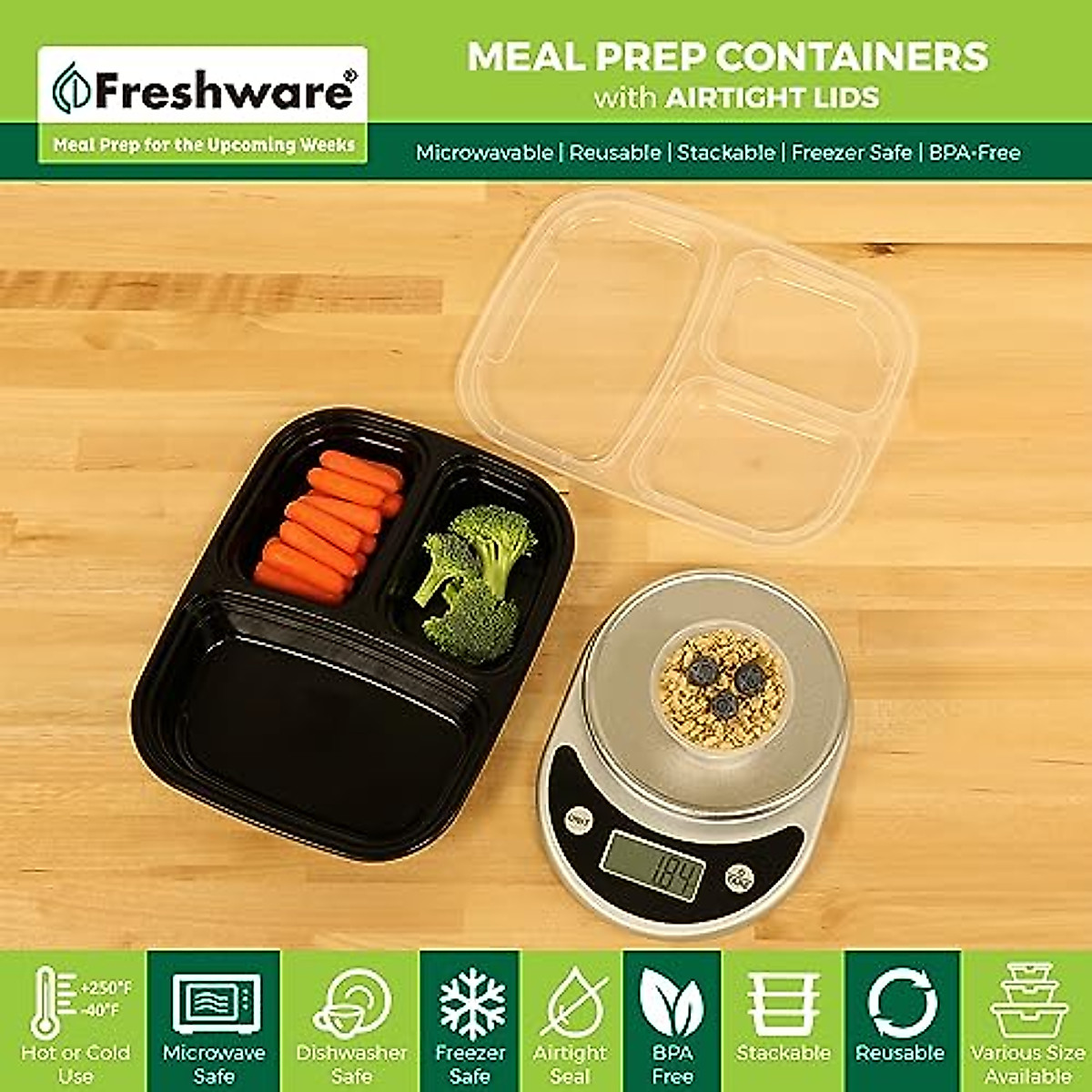 Freshware Meal Prep Containers [150 Pack] 3 Compartment with Lids, Food Storage Containers, Bento Box, BPA Free, Stackable, Microwave/Dishwasher/Freezer Safe (24 oz)