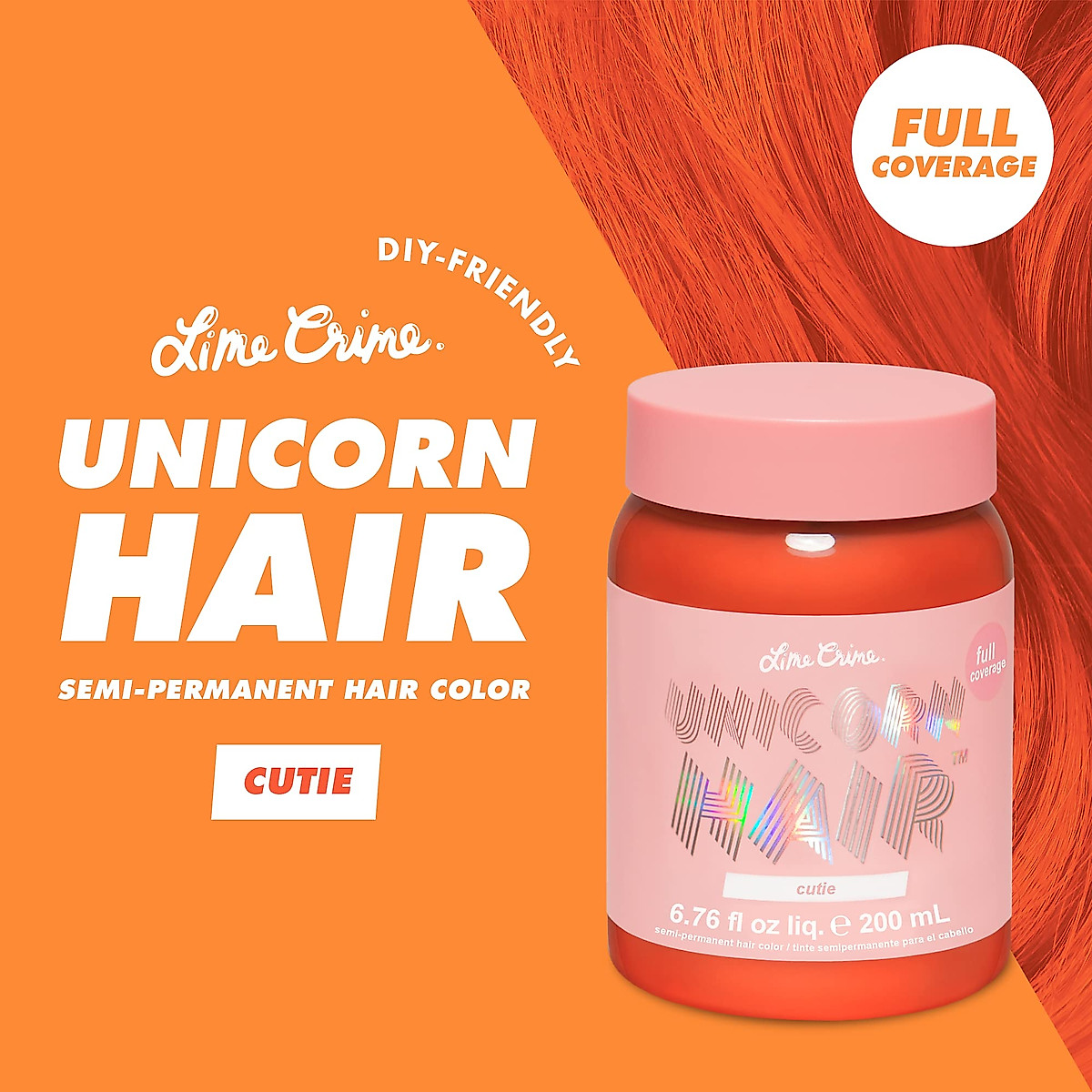 Lime Crime Unicorn Hair Dye Full Coverage, Cutie (Bright Orange) - Vegan and Cruelty Free Semi-Permanent Hair Color Conditions & Moisturizes - Temporary Orange Hair Dye With Sugary Citrus Vanilla Scent