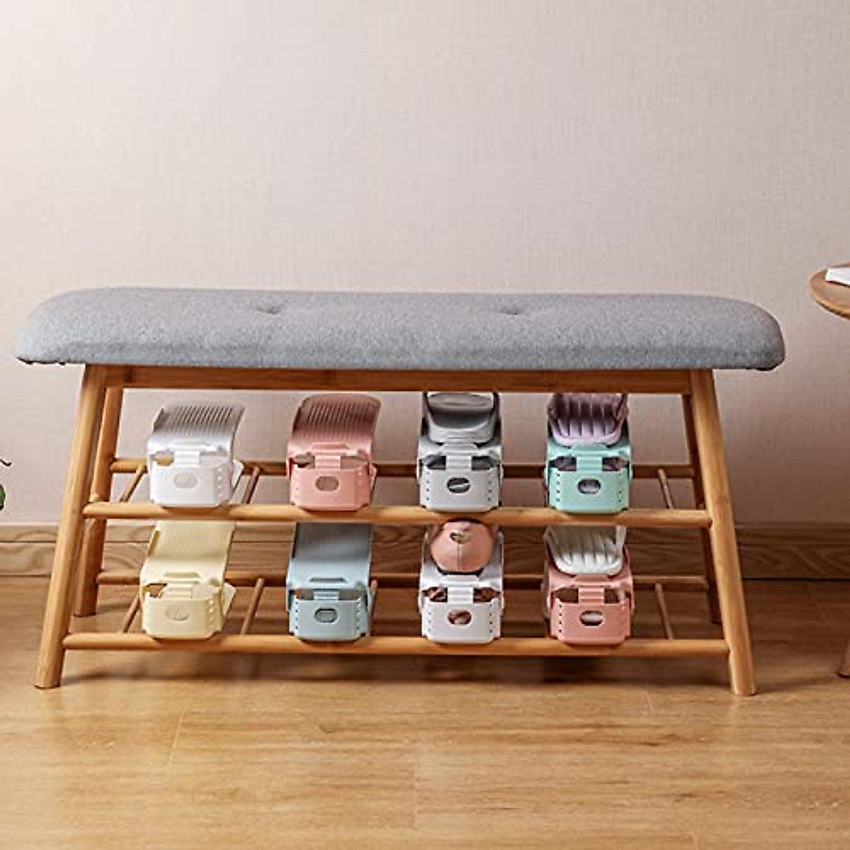 5 Pcs Shoe Slots Space Saver, Double Layer Shoe Slots Organizer, Shoe Stacker with 2 Different Height?4 Colors Available, Durable and Easy to Clean (Pink)