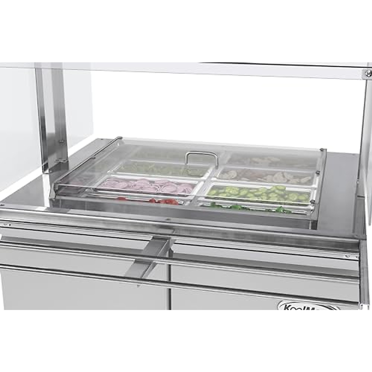 KoolMore 36 in. Commercial Refrigerated Prep Station with Sneeze Guard and Buffet Slide, 6 Pans with Covers and Two Adjustable Shelves in Stainless-Steel, ETL Listed (KM-RBT-36CSFG)