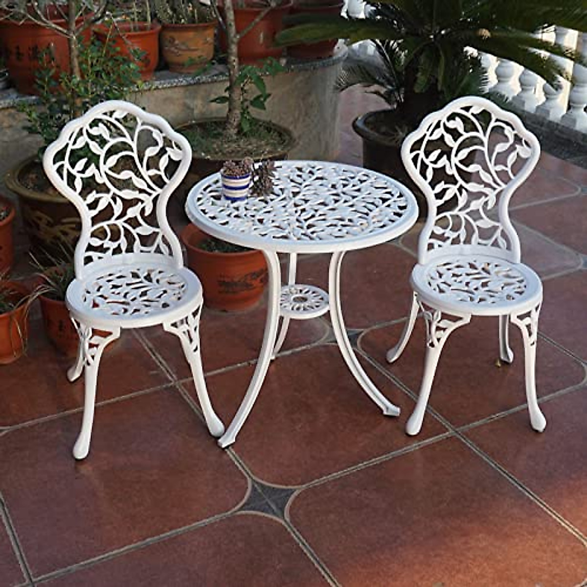 KAI LI Patio Bistro Sets 3 Piece cast Aluminum Patio Furniture Outdoor Garden Metal Rust Proof Tables and Chairs White bisrto Set (Leaf-White)