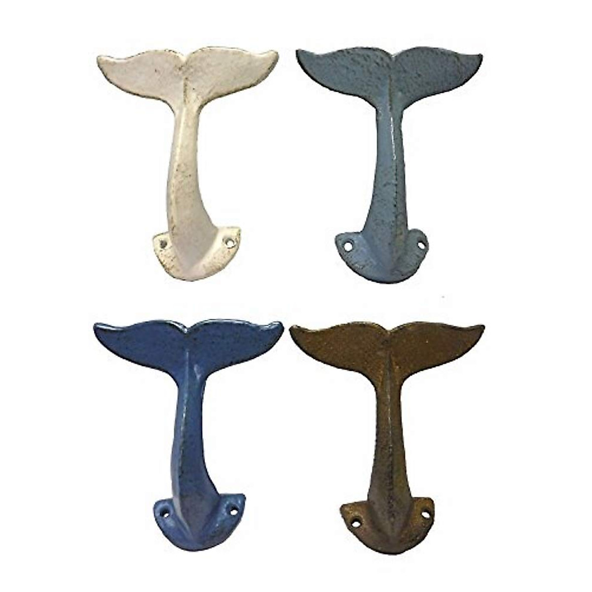 Birsppy Set of Four Nautical Whale Tail Wall Hooks - Distressed Finishes