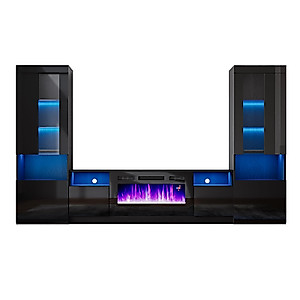 AMERLIFE Fireplace Entertainment Center Set, Includes 70" Fireplace TV Stand & 2 LED Highgloss Bookcases, Modern Storage Cabinets for TVs up to 80", Black