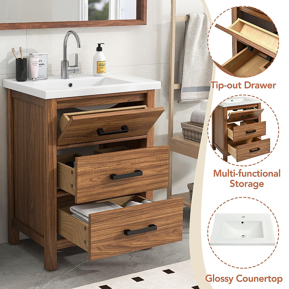 Beardslee 24" Bathroom Vanity with Sink, Modern Bathroom Storage Cabinet with 3 Drawers, Brown Natural Wood Bath Vanity w/Ceramic Sink for Small Space (Natural Wood)