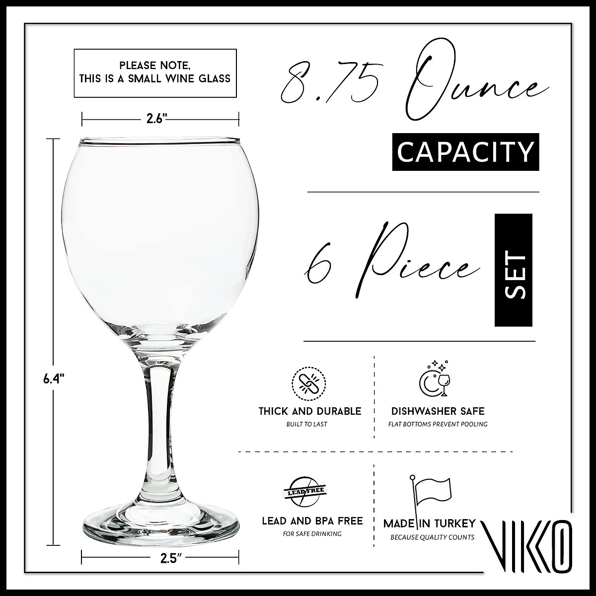 Vikko Small Wine Glasses, 8.75 Ounce Wine Glass, Set of 6 Stemmed Wine Glasses for Red and White Wine, Thick and Durable Wine Glasses, Clear Glasses for Wine