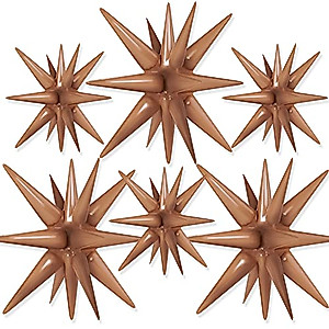 PartyWoo Brown Star Balloons 6 pcs, One-Piece 14-Pointed Starburst Balloons, 27 & 22 Inch Star Explosion Balloons with Ribbon, Star Foil Balloons, Large Star Balloons for Party