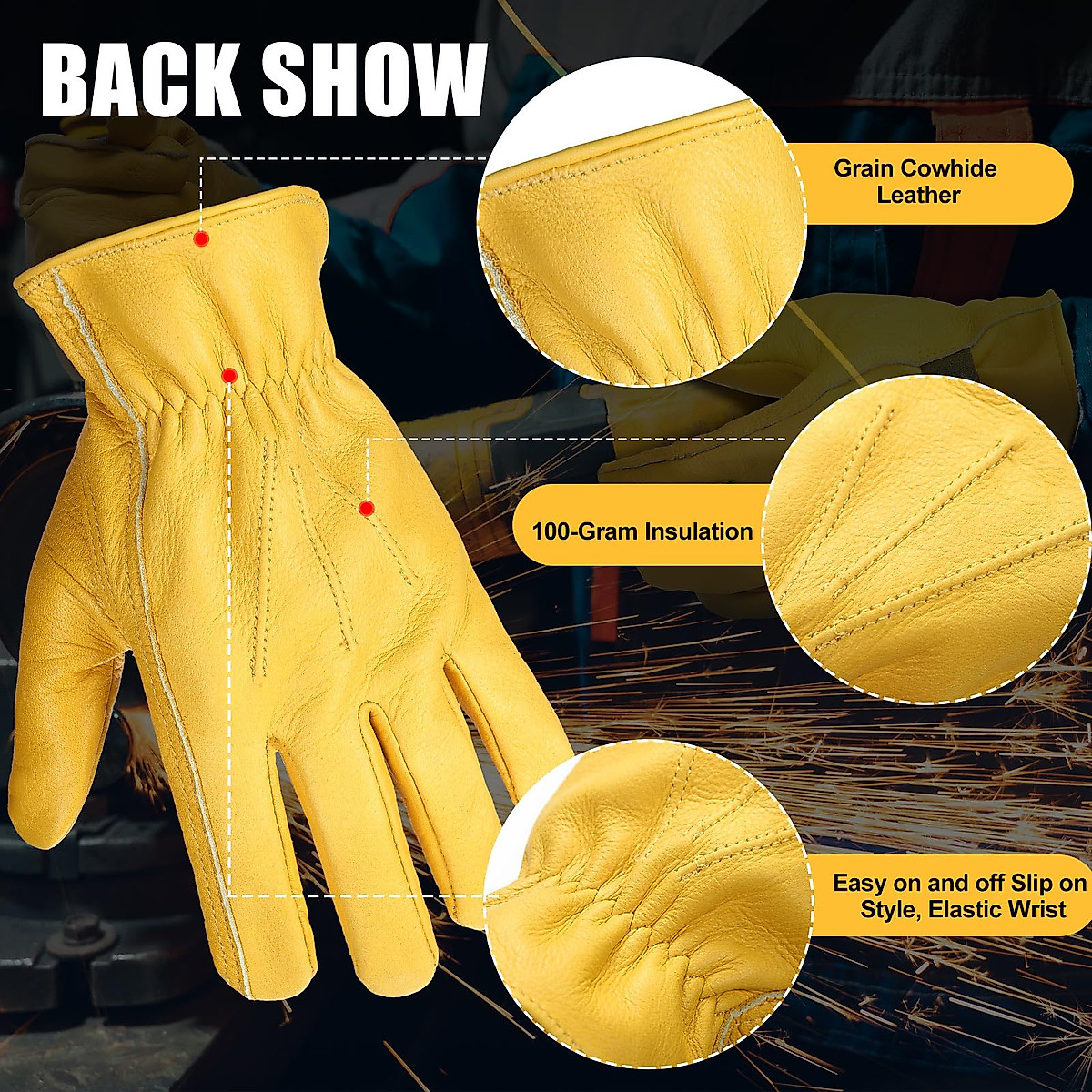 Bencailor 4 Pairs Cowhide Leather Gloves Adjustable Wrist Gloves Puncture Cut Resistant Gloves Work Gloves for Men & Women(Golden Yellow)