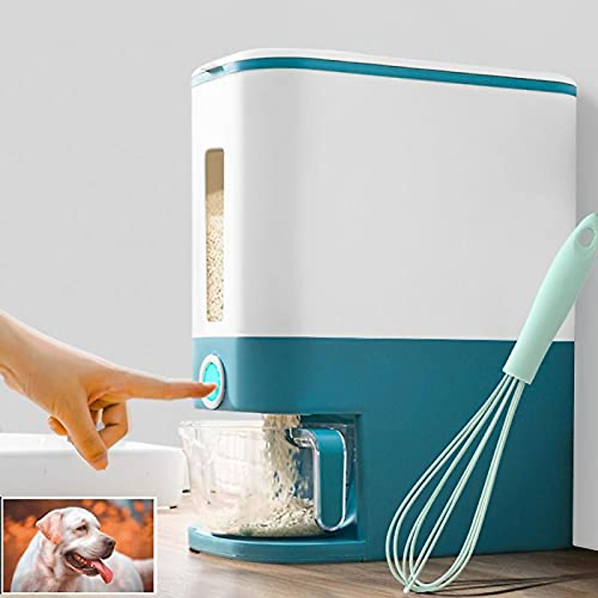 Kitchen Rice Storage Containers - 26Lbs Large Airtight Rice Bucket Grain Storage Bin Cereal Dispenser Container with Measuring Cup -Keep Dry Fresh and Insect Free (Free Silicone Whisk)