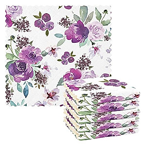 CaTaKu Purple Flower Microfiber Reusable Cleaning Cloths Kitchen Dish Cloths Dish Rags for Washing Dishes, Watercolor Rose Dish Towels Washcloths for Kitchen Drying, 6 Pack
