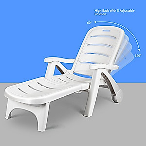 Giantex Folding Lounger Chaise Chair on Wheels Outdoor Patio Deck Chair Adjustable Rolling Lounger 5 Position Recliner w/Armrests (1, White)