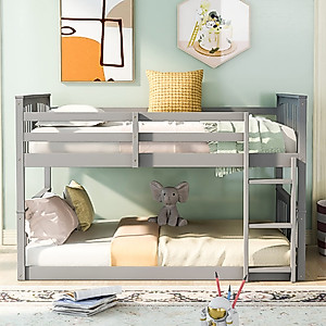 Harper & Bright Designs Full Over Full Low Bunk Bed with Headboard and Footboard, Wooden Bunk Bed with Ladder, for Toddlers Kids Boys Girls - Gray