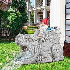 WONDER GARDEN Gnome Downspout - Decorative Downspout Extensions, Outdoor Splash Block Waterproof Resin for Lawn, Full Color Gnomes Riding Dragon Gutter Splash Guards