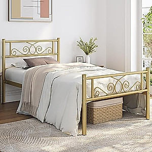 Yaheetech Twin Bed Frames Metal Platform Bed with Headboard and Footboard No Box Spring Needed Easy Assembly,Ground Clearance: 12.6''/Antique Gold/Twin Bed