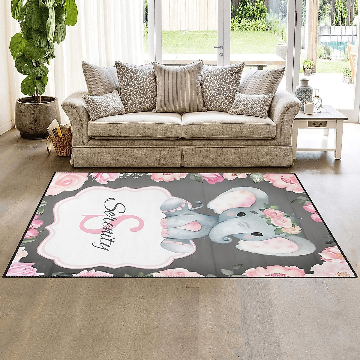XOZOTY Custom Name Watercolor Elephant Pink Flower Area Rug Living Room Pad Nursery Kids Play Mat Entrance Exit Doormats 4'x5.2'