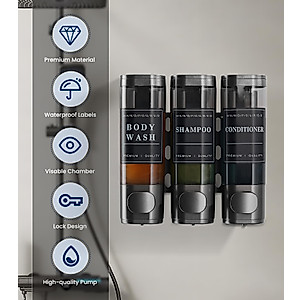 Cabo Deseado Shower Soap Dispenser Wall Mounted No Drill Shampoo Dispenser for Shower Wall Shampoo and Conditioner Dispenser Bathroom Hotel 3 * 300ml Gungray with Labels