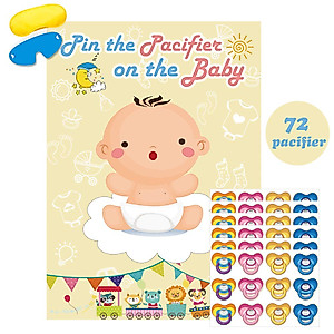 Hooqict Pin The Pacifier On The Baby Game, Baby Pacifier Games Poster with 72pcs Pacifiers Stickers Baby Shower Games Party Favors Girls Boys Kids Birthday Party Supplies