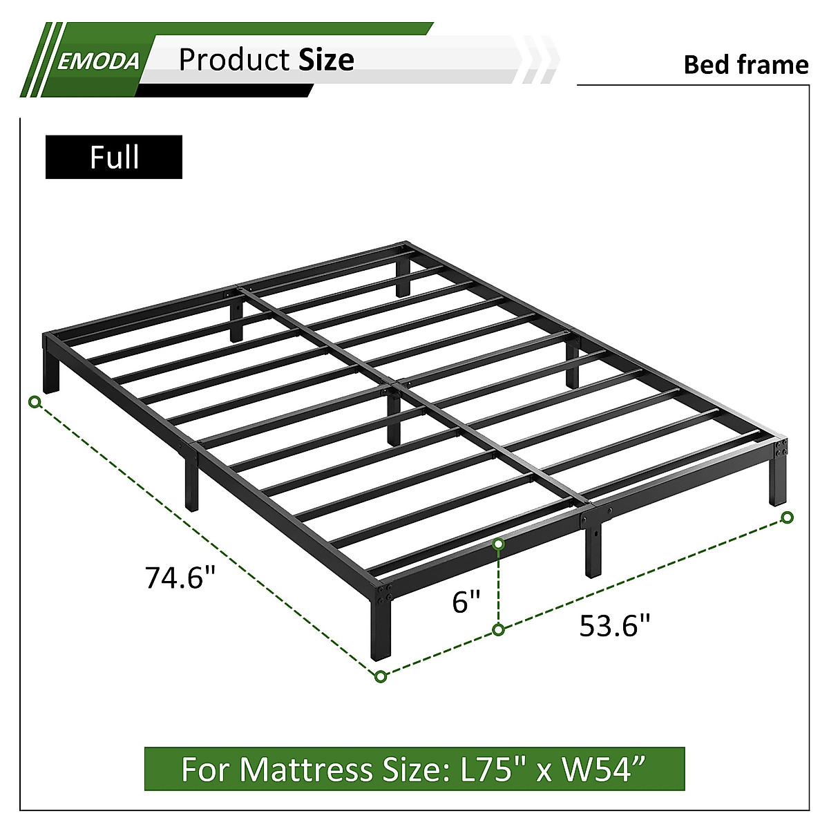 EMODA 6 Inch Full Size Bed Frame Heavy Duty Metal Platform No Box Spring Needed, Easy Assembly Noise Free, Black