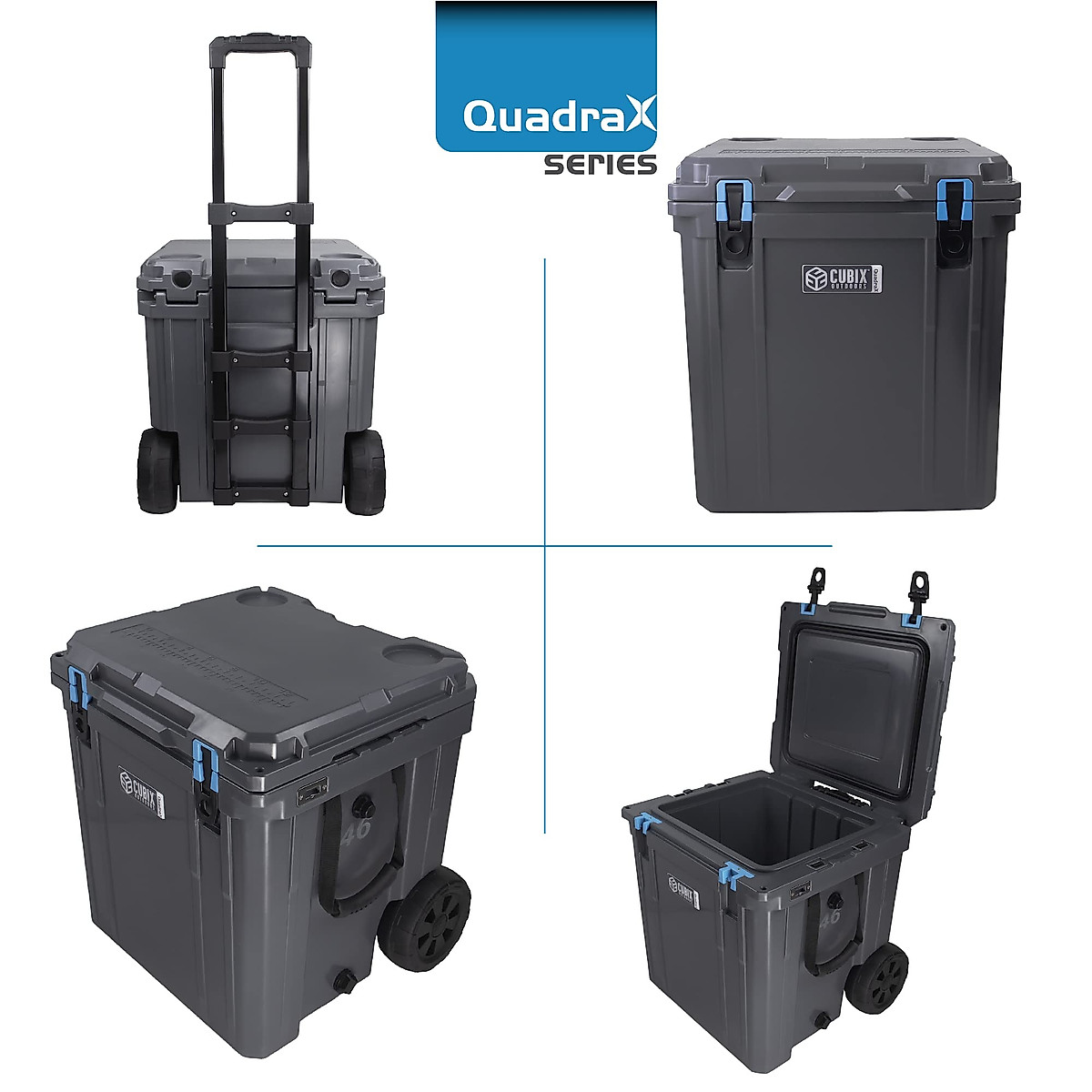 Cubix Outdoors QuadraX 46QT Wheeled Rotomolded Portable Hard Cooler for Camping, Fishing, Beach | Heavy Duty Insulated Ice Chest with Wheels and Handle | Cold Retention 5 Days