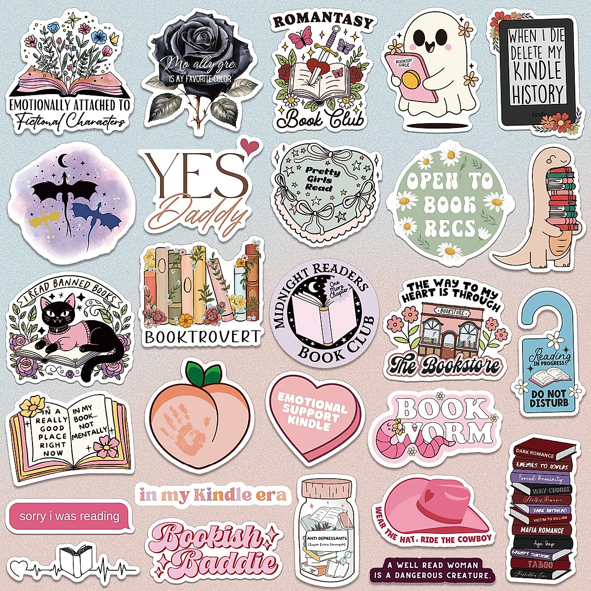 150 PCS Romance Book Stickers for Kindle, Holographic Bookish Sticker Pack Reading Booktok Glitter Vinyl Decals for Laptop Ebook Readers Water Bottles Journal Scrapbook Waterproof