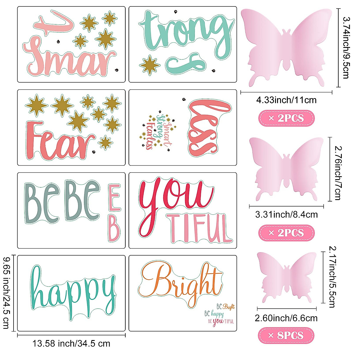 20 Sheets Inspirational Wall Decals Girl Quote Set 12 Sheets 3D Butterfly, Smart Strong Fearless, Be Bright, Be Happy, BeYouTifu Vinyl Decals Sayings Art Vinyl for Bedroom Classroom