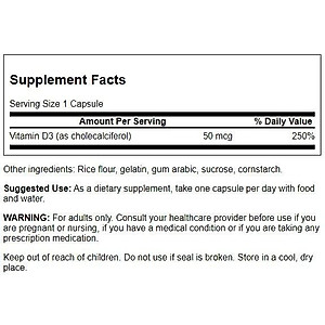Swanson Higher Potency Vitamin D-3 2000 Iu - Sunshine Vitamin Bone, Immune Support (50 mcg) 250 Capsules (3 Pack)
