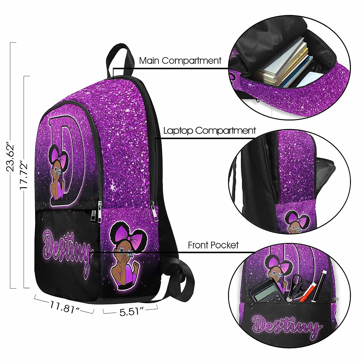 InterestPrint Backpack Little Princess Glitter Purple Laptop Backpack Full Print School Bookbag Shoulder Bag for Travel Daypack