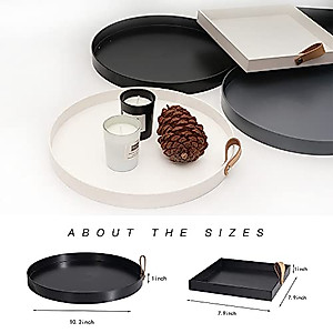 Tynulox Plastic Serving Tray with Leather Handle, Round, Black,10.2x10.2x1 Inch, 1 Pcs