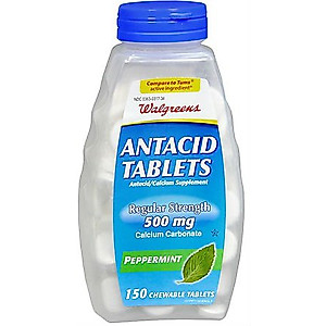 Walgreens Regular Strength Antacid/Calcium Supplement Chewable Tablets, Peppermint, 500 mg, 150 Tablets (Pack of 3 Bottles)