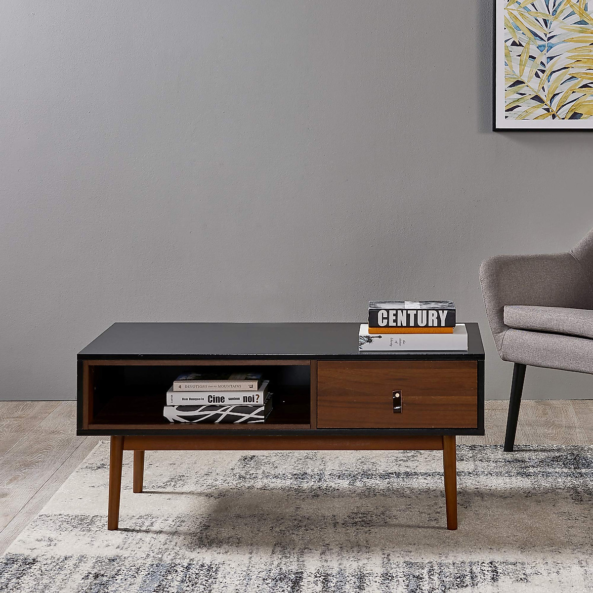 Versanora Reno Coffee Table with Storage Space-Black/Walnut, 39.62" x 21.62" x 17.75"