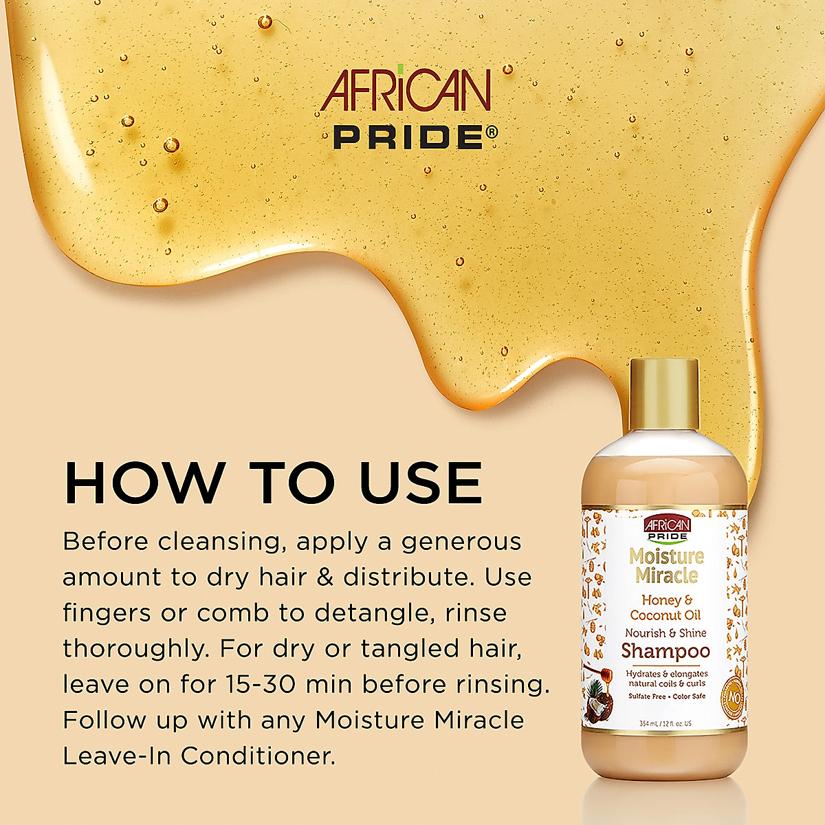African Pride Moisture Miracle Honey & Coconut Oil Shampoo - For Natural Coils & Curls, Nourishes & Shines, Sulfate Free, Color Safe, 12 oz (3 Pack)