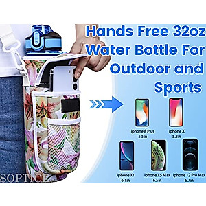 SOPTICE 32oz Water Bottles with Sleeve and Straw Lid Hands Free for Outdoor Sports Insulated Neoprene Holder with Adjustable Strap BPA Free Reusable Drink Jug with Carrier Bag for Phone Tiger Lily