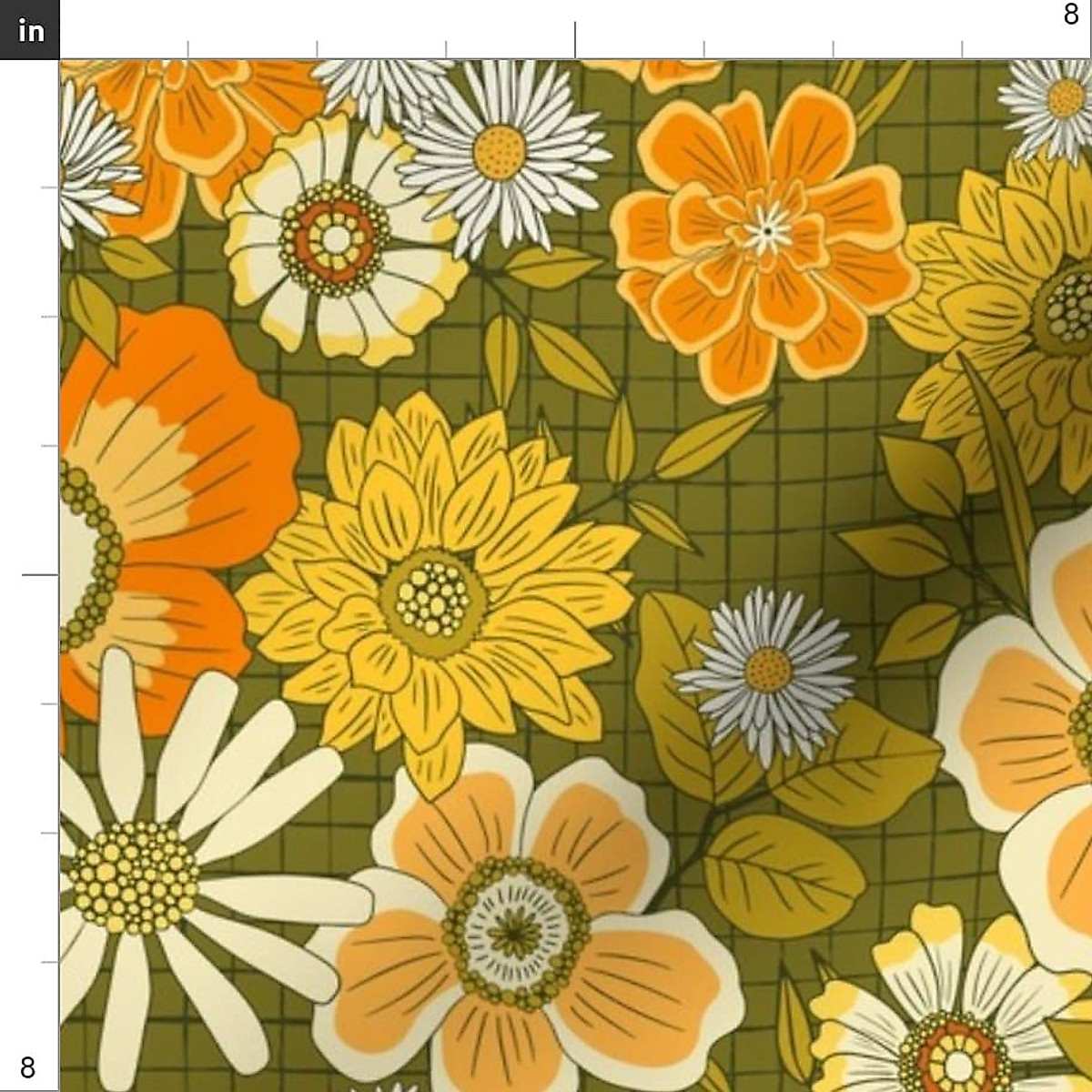 Spoonflower Fabric - 1970S Retro Avocado Green Yellow Hippie Groovy Daisies Flower Power Printed on Polartec(R) Fleece Fabric by The Yard - Sewing Blankets Loungewear and No-Sew Projects