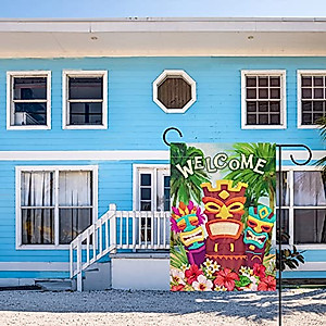 Hzppyz Welcome Summer Tiki Aloha Hibiscus Frangipani Flower Garden Flag, Tropical Hawaii Luau Coconut Tree Floral Decorative House Yard Outdoor Small Decor, Spring Home Outside Decoration 12x18