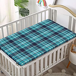 Plaid Themed Fitted Crib Sheet,Standard Crib Mattress Fitted Sheet Toddler Bed Mattress Sheets-Baby Crib Sheets for Girl or Boy,28“ x52“,Dark Blue Aqua White