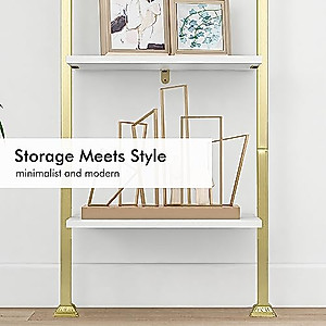 Axeman 5-Tier Ladder Bookcase, Tall Narrow Bookshelf for Small Spaces, Modern Book Storage Organizer Case Open Shelves for Bedroom, Living Room, Office, Library, Gold Metal Frame and White Shelf