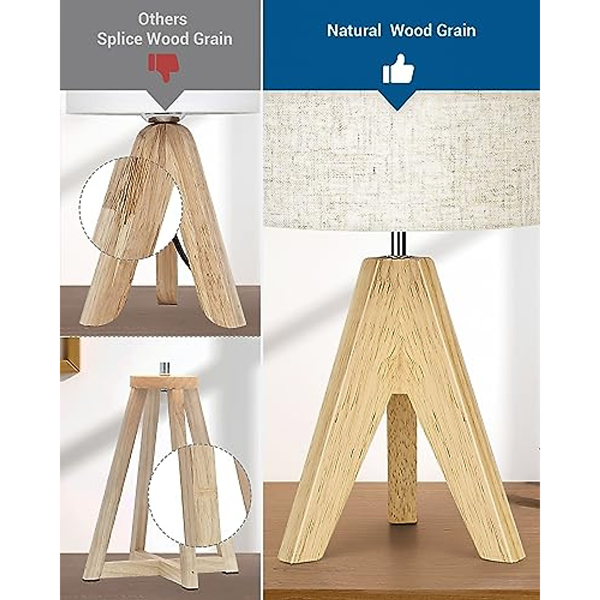 DEWENWILS Mid Century Bedside Lamp, Small Tripod Table Lamp with Linen Fabric Shade, Wood Nightstand Lamp for Nursery, Living Room, Bedroom, End Table, UL Listed, 14.2 Inch, ON/Off Switch