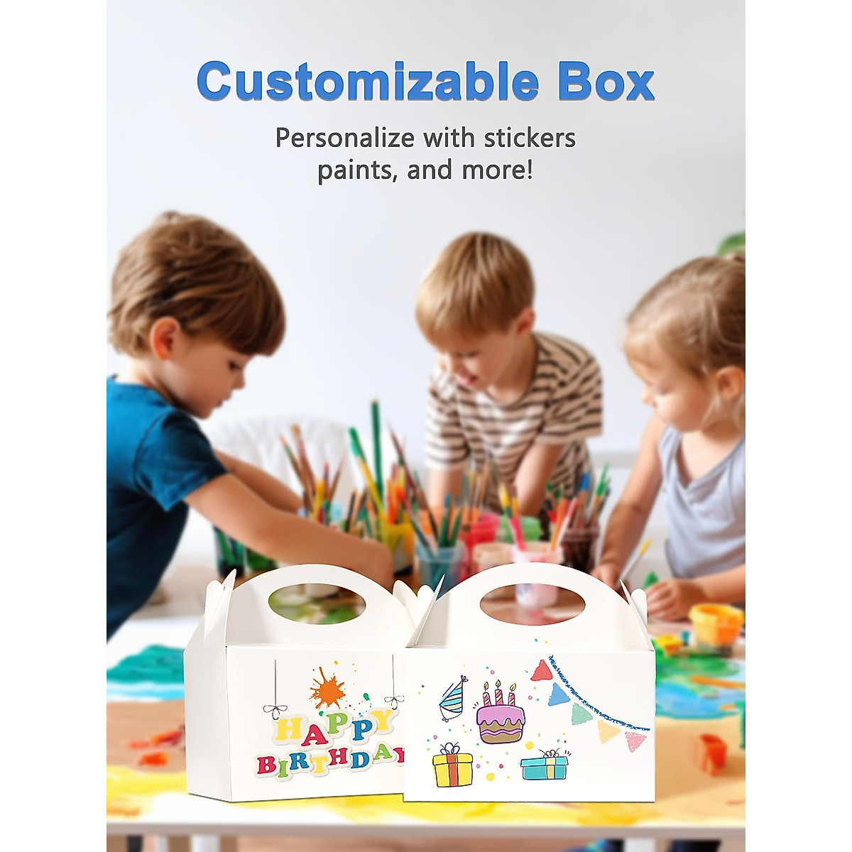 Shallive 12 Pcs Small Party Treat Boxes, 6 Inch Candy Cookie Goodie Gift Bags Gable Box for Kids Birthday Party, White