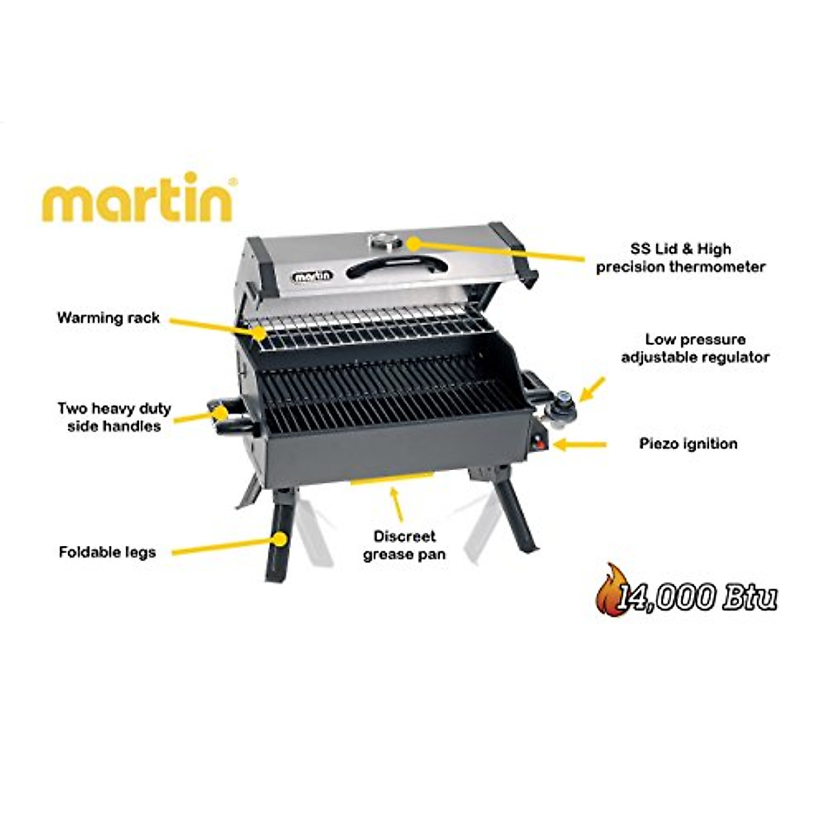 MARTIN Portable Propane Bbq Gas Grill 14,000 Btu Porcelain Grid with Support Legs and Grease Pan